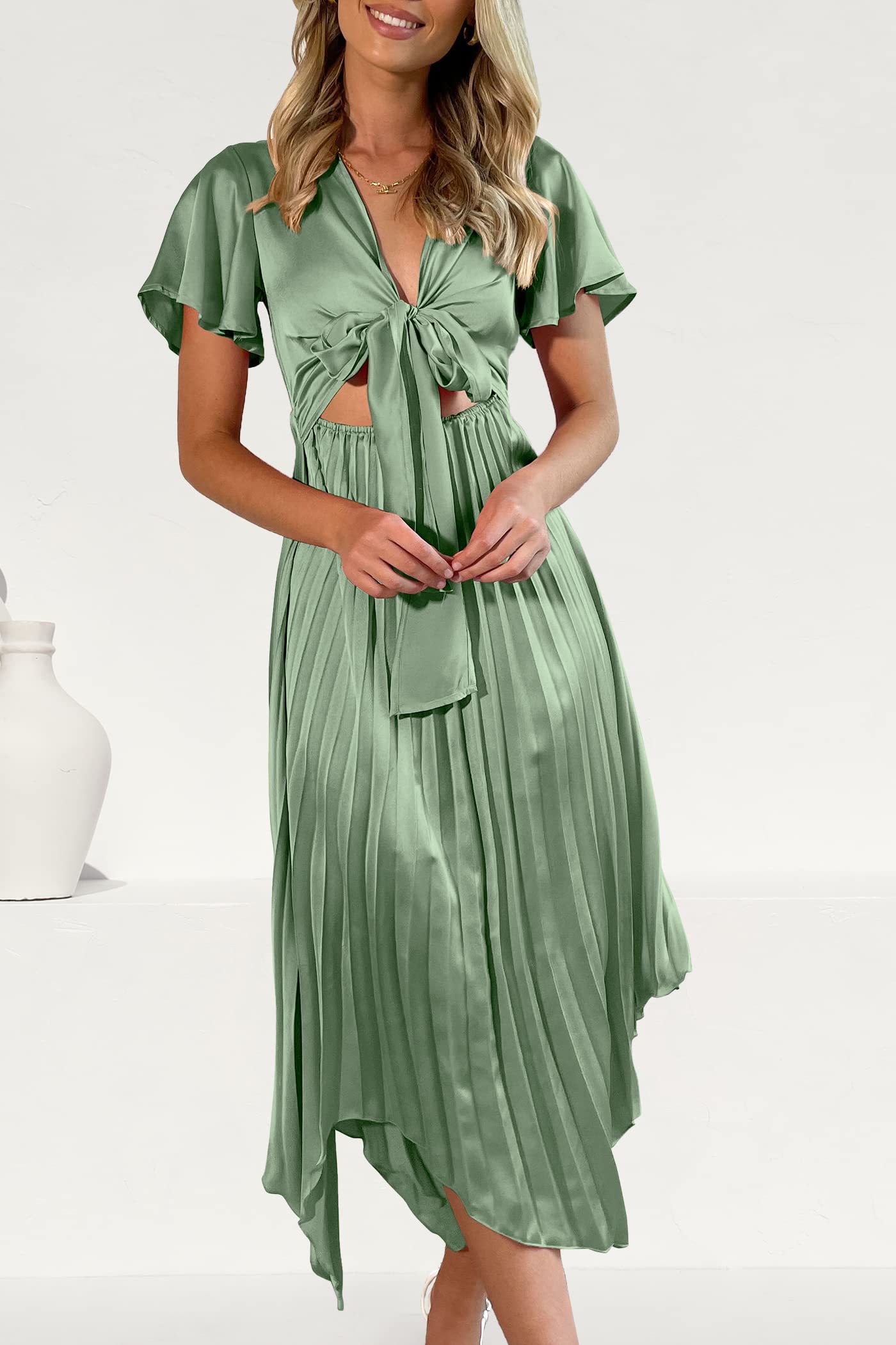 PRETTYGARDEN Women's 2023 Satin Summer Dress Short Sleeve V Neck Tie Front Cutout Pleated A Line Midi Dresses (Light Green,Medium)