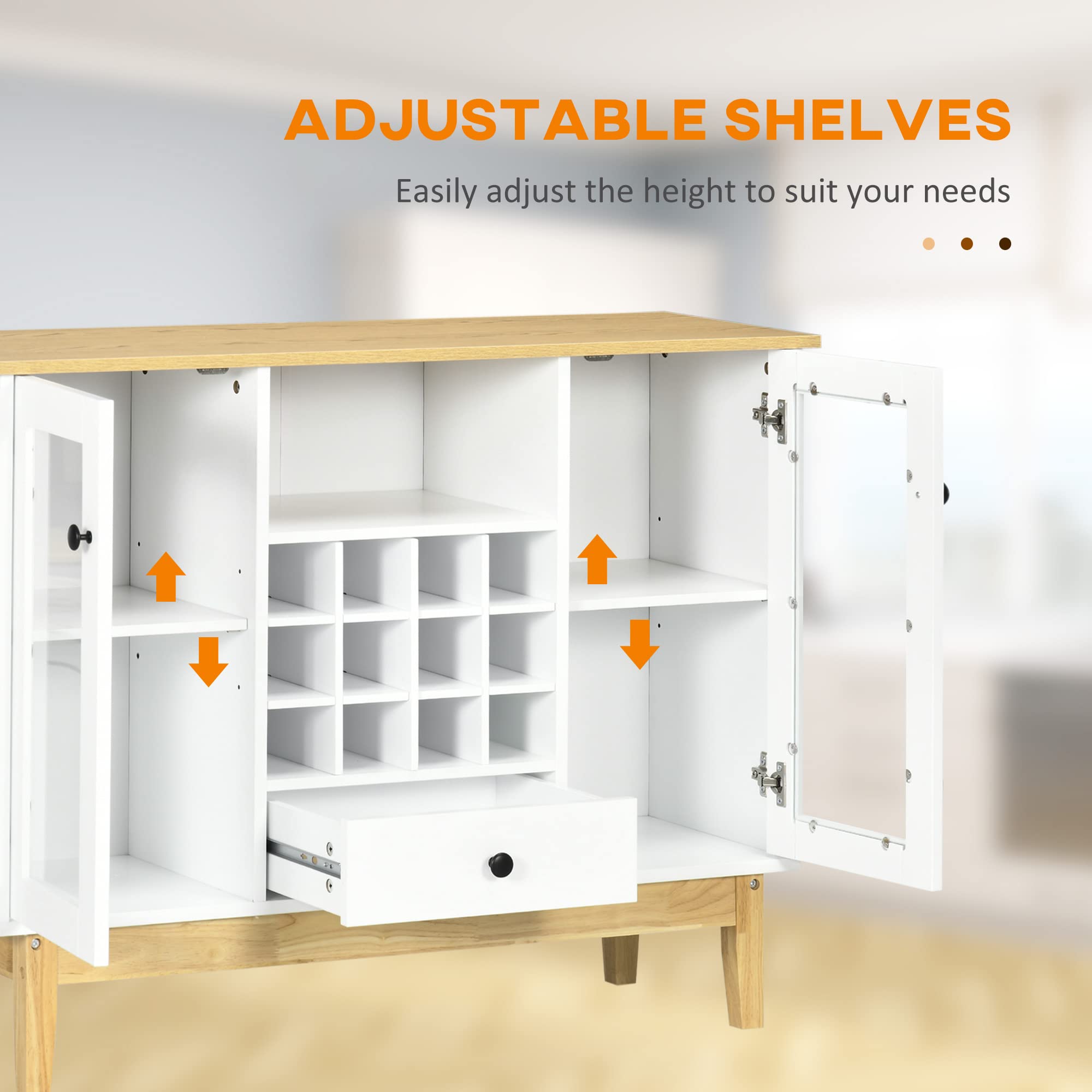 HOMCOM Wine Cabinet, Coffee Bar Cabinet with 12-Bottle Wine Rack, Drawer and Glass Doors, Kitchen Buffet Cabinet, White