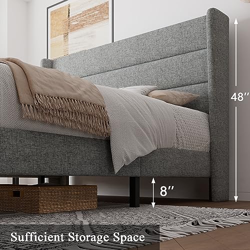 Feonase King Size Upholstered Platform Bed Frame with Wingback Headboard, Minimalist Mattress Foundation with Wooden Slats Support, Noise Free, No Box Spring Needed, Easy Assembly