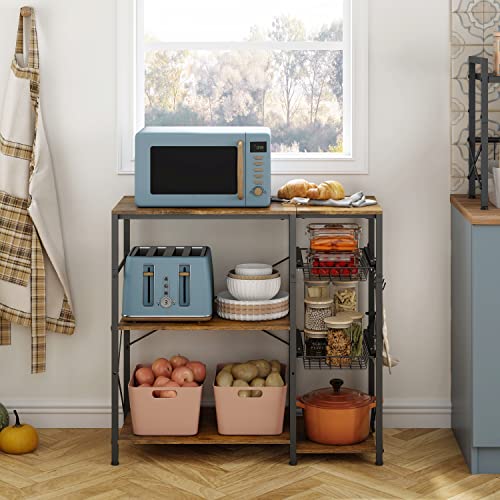 Hoctieon 3 Tier Microwave Oven Shelf, Microwave Storage Kitchen Storage Rack with 4 Hooks, Microwave Stand with 2 Slide-Out Baskets,Kitchen Baker's Rack, Microwave Oven Stand