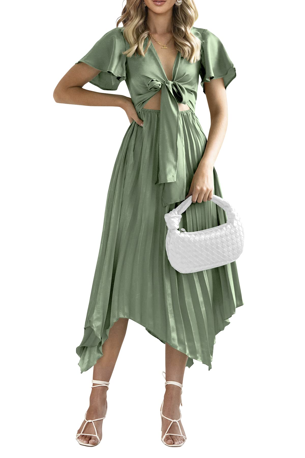PRETTYGARDEN Women's 2023 Satin Summer Dress Short Sleeve V Neck Tie Front Cutout Pleated A Line Midi Dresses (Light Green,Medium)
