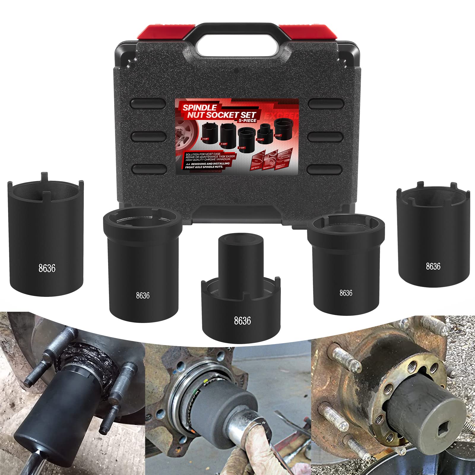 Spindle Nut Socket Tool Kit 5 Pcs Axle Hub Lock Nut Socket Set 1/2” Drive Wheel Drive Spindle Nut Remover Installer for Ford Dana 50/60, Chevy, and Dodge, Replace# 648636 Lug Out Spindle Socket Set
