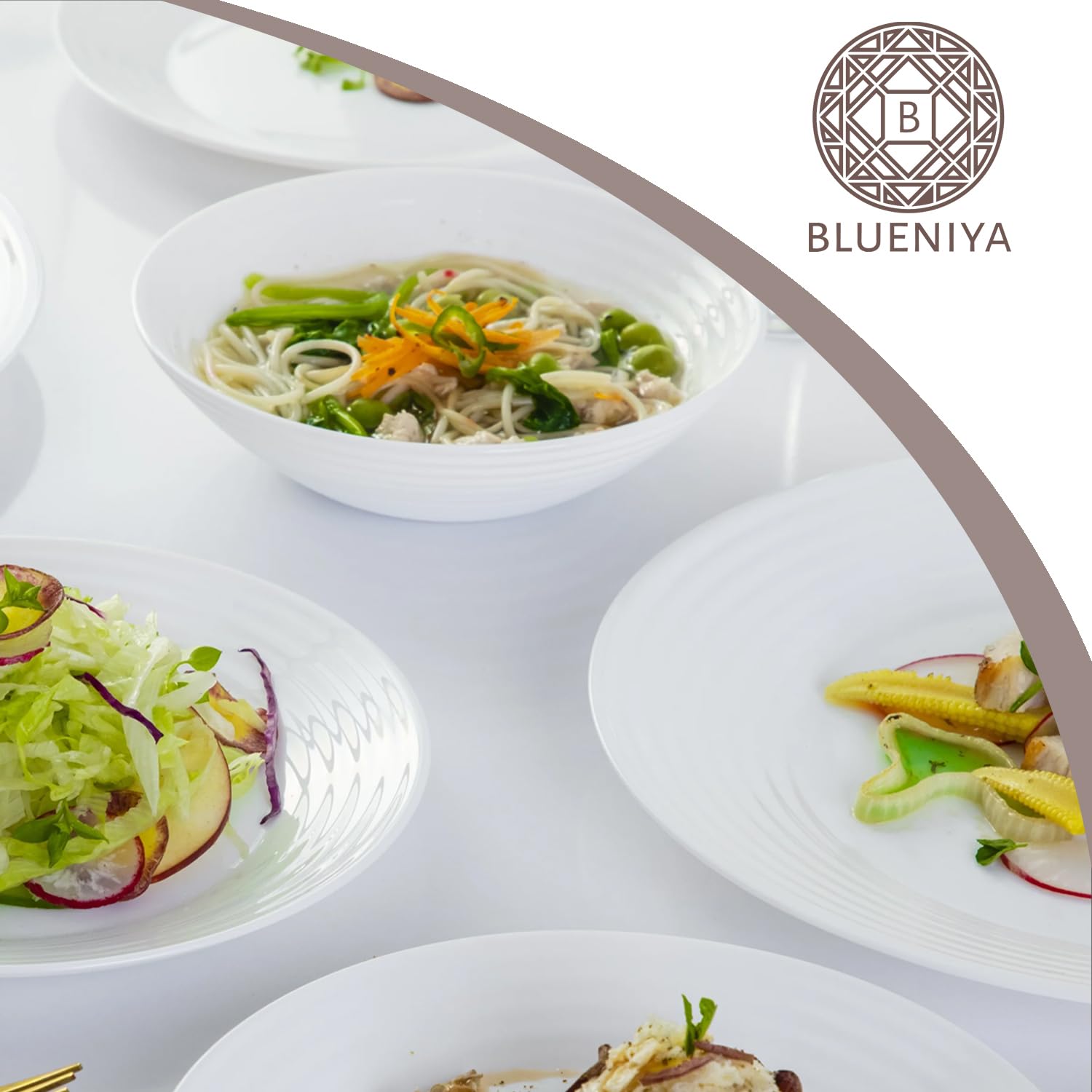 Blueniya 12 Piece White Opal Dinnerware Set, Opal Dinner Set, Kitchen Non-Toxic, Scratch & Chip Resistant, Microwave, Dishwasher Safe - 4pc Dinner Plate, 4pc Salad Plate, 4pc Cereal Bowl