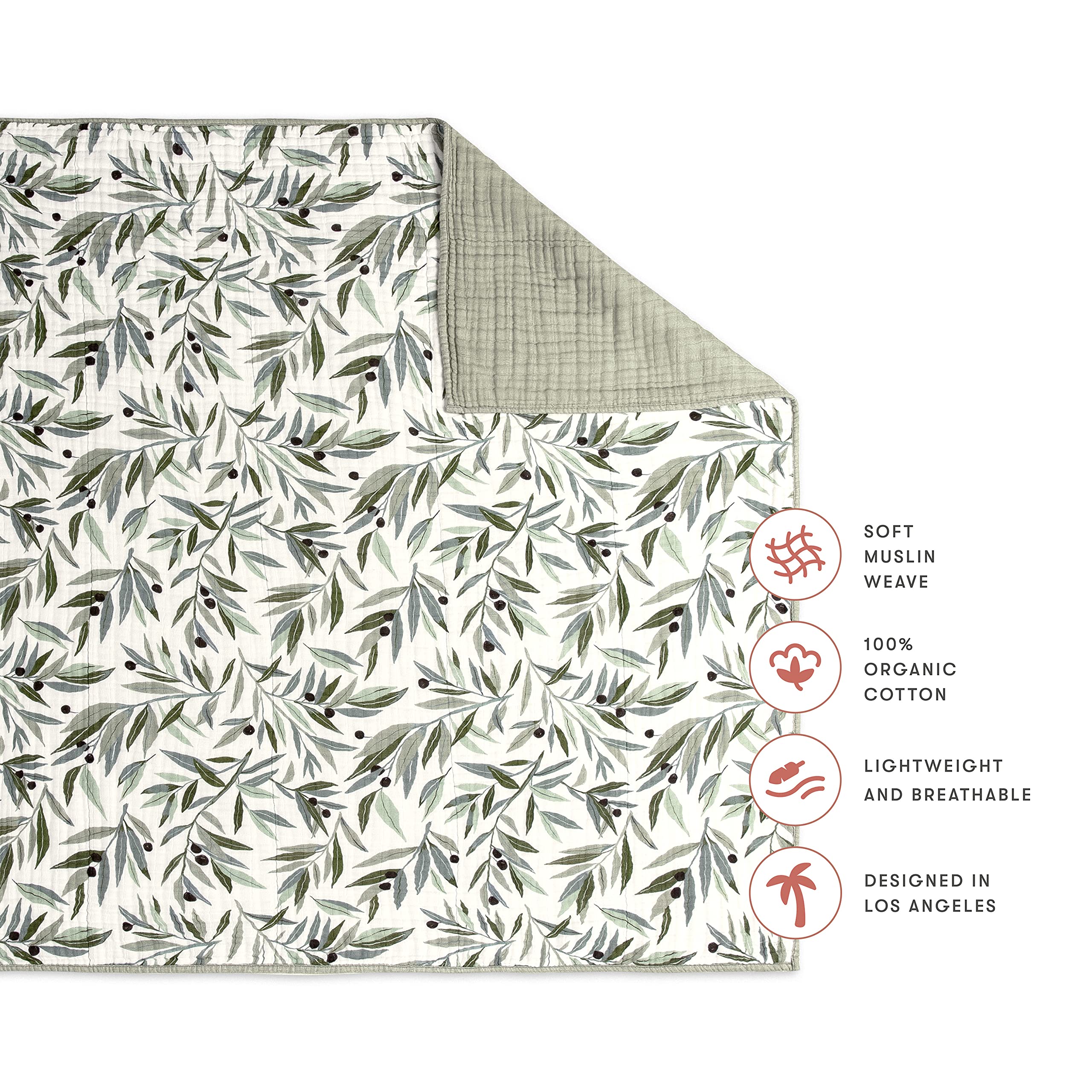 babyletto 100% Organic Cotton Quilt, GOTS-Certified, 3-Layers of Ultra-Soft and Breathable Muslin - Olive Branches