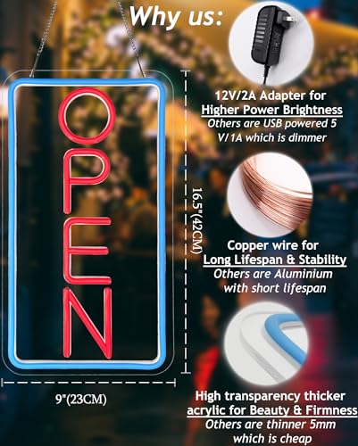 Open Signs for Business,Neon Open Sign Led,16.5"x 9",with Open/Closed Bussiness Hour Sign Set,Light for Bar Coffee Salon Store Window,12V/2A Adapter with ON/OFF Switch (Blue/Red Vertical)