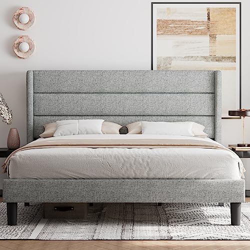 Feonase King Size Upholstered Platform Bed Frame with Wingback Headboard, Minimalist Mattress Foundation with Wooden Slats Support, Noise Free, No Box Spring Needed, Easy Assembly