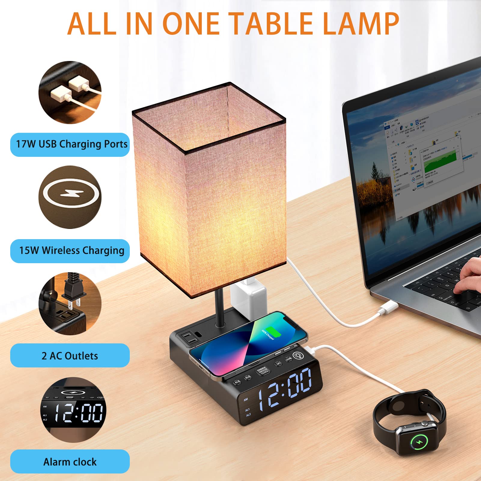 Bedside Lamp with USB Ports & AC Outlets, 15W Wireless Charger Table Lamp with Clock, 3 Way Dimmable Nightstand Lamps for Bedroom Living Room,Touch Lamp with Charging Station,Grey Shade & Black Base