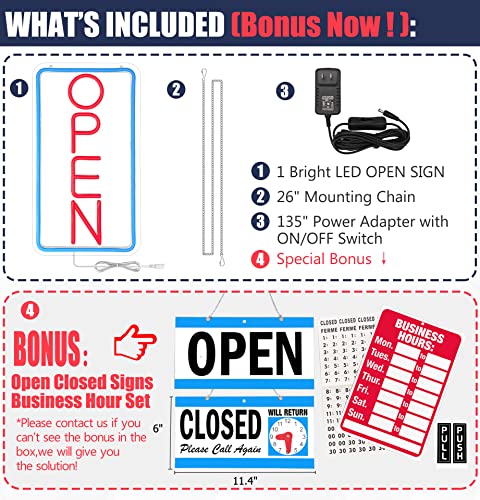 Open Signs for Business,Neon Open Sign Led,16.5"x 9",with Open/Closed Bussiness Hour Sign Set,Light for Bar Coffee Salon Store Window,12V/2A Adapter with ON/OFF Switch (Blue/Red Vertical)