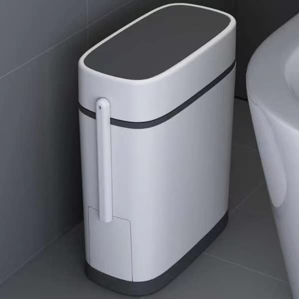 KLGO 14 Liter Slim Plastic Trash Can with Lid,3.7 Gallon Double Barrel Waste Basket,Rectangular Press Garbage Container Bin for Bathroom,Bedroom,Kitchen and Office,White
