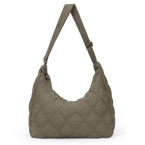 Women Hobo Shoulder Bag Puffer Small Tote Crossbody Bag Purse Cotton Handmade Bags Handbag with Zipper School Work Travel Olive Green