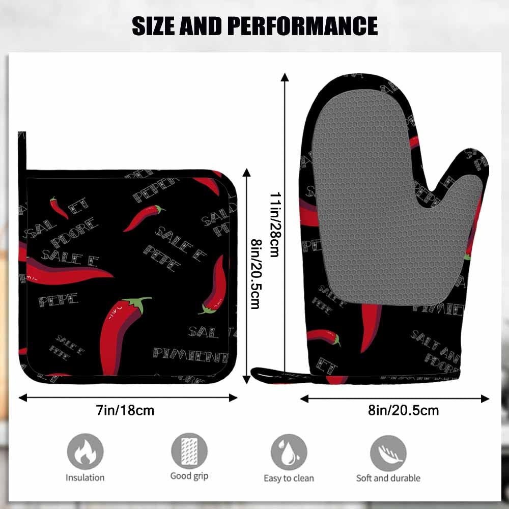 Mxocom Spicy Red Chili Peppers Heat-Resistant Oven Mitts and Pot Holder Hottest Bird's Eye Chili Black Background Kitchen Non-Slip Cooking Microwave Gloves for Cooking Baking Grilling
