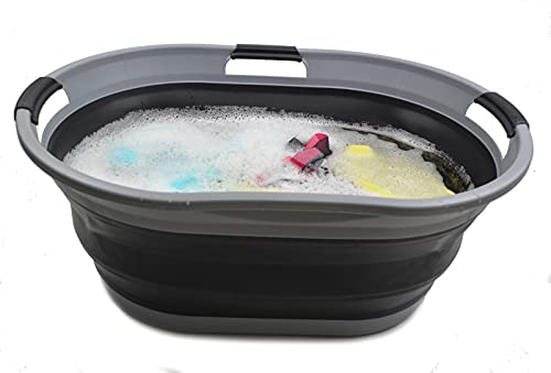 SAMMART 44L Collapsible Plastic Laundry Basket - Foldable Pop Up Storage Container / Organizer - Portable Washing Tub - Space Saving Hamper / Basket - Water Capacity: 35L (1, Dark Grey/Black), Size: 25.4 x 17.8 x 10.6 inches