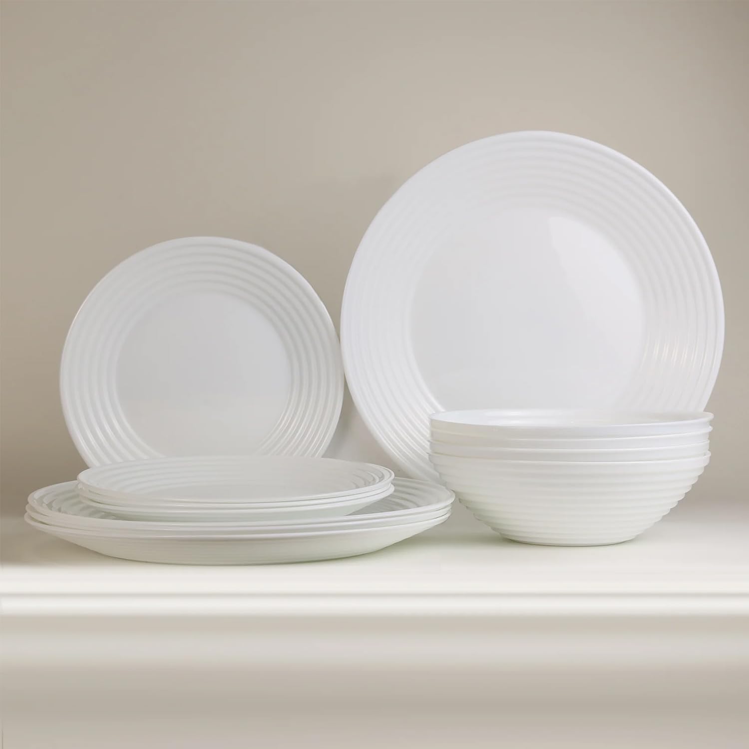 Blueniya 12 Piece White Opal Dinnerware Set, Opal Dinner Set, Kitchen Non-Toxic, Scratch & Chip Resistant, Microwave, Dishwasher Safe - 4pc Dinner Plate, 4pc Salad Plate, 4pc Cereal Bowl