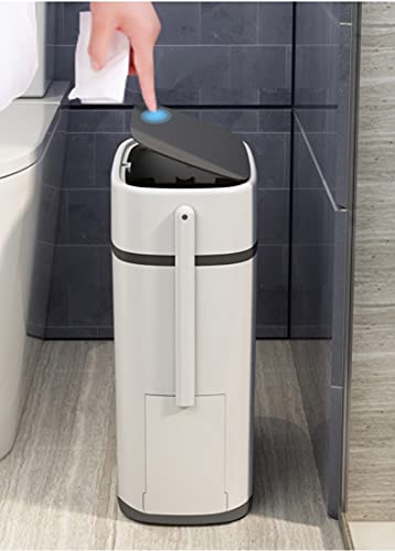 KLGO 14 Liter Slim Plastic Trash Can with Lid,3.7 Gallon Double Barrel Waste Basket,Rectangular Press Garbage Container Bin for Bathroom,Bedroom,Kitchen and Office,White