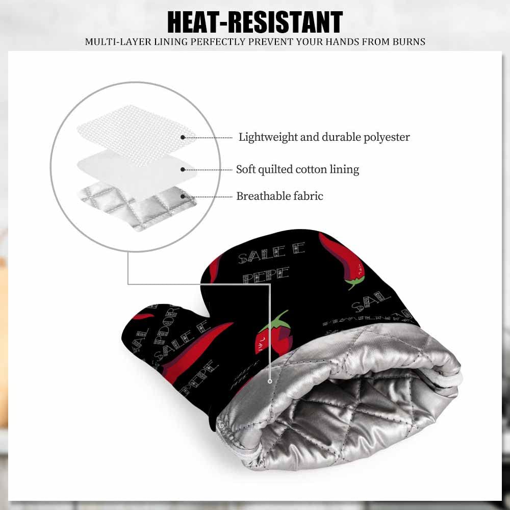 Mxocom Spicy Red Chili Peppers Heat-Resistant Oven Mitts and Pot Holder Hottest Bird's Eye Chili Black Background Kitchen Non-Slip Cooking Microwave Gloves for Cooking Baking Grilling