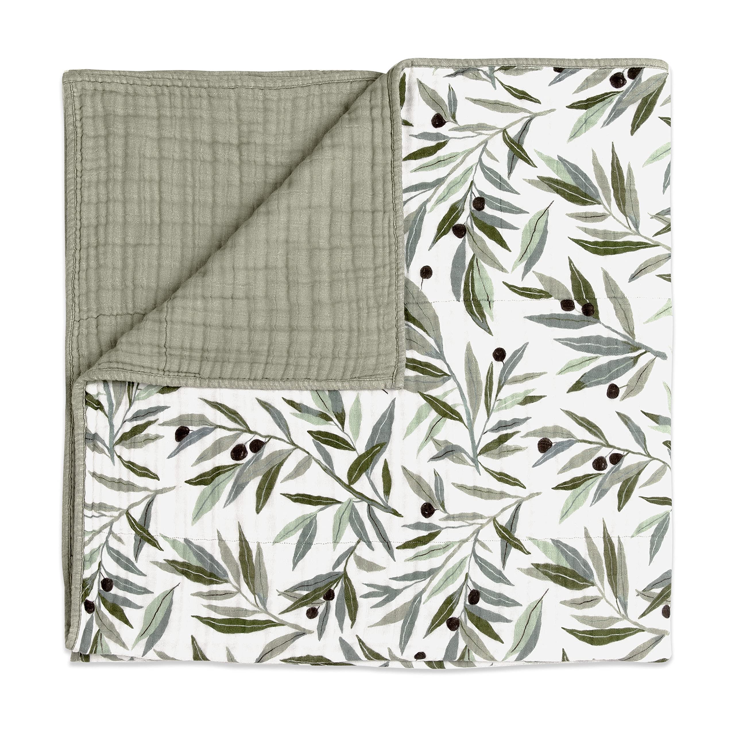 babyletto 100% Organic Cotton Quilt, GOTS-Certified, 3-Layers of Ultra-Soft and Breathable Muslin - Olive Branches