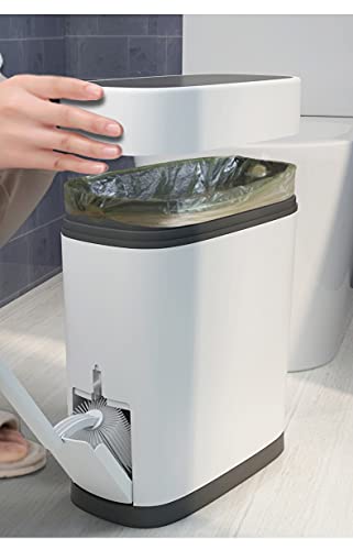 KLGO 14 Liter Slim Plastic Trash Can with Lid,3.7 Gallon Double Barrel Waste Basket,Rectangular Press Garbage Container Bin for Bathroom,Bedroom,Kitchen and Office,White