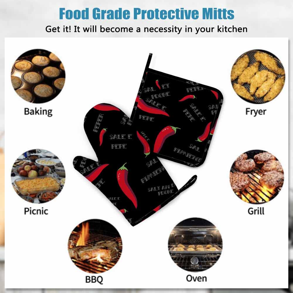 Mxocom Spicy Red Chili Peppers Heat-Resistant Oven Mitts and Pot Holder Hottest Bird's Eye Chili Black Background Kitchen Non-Slip Cooking Microwave Gloves for Cooking Baking Grilling
