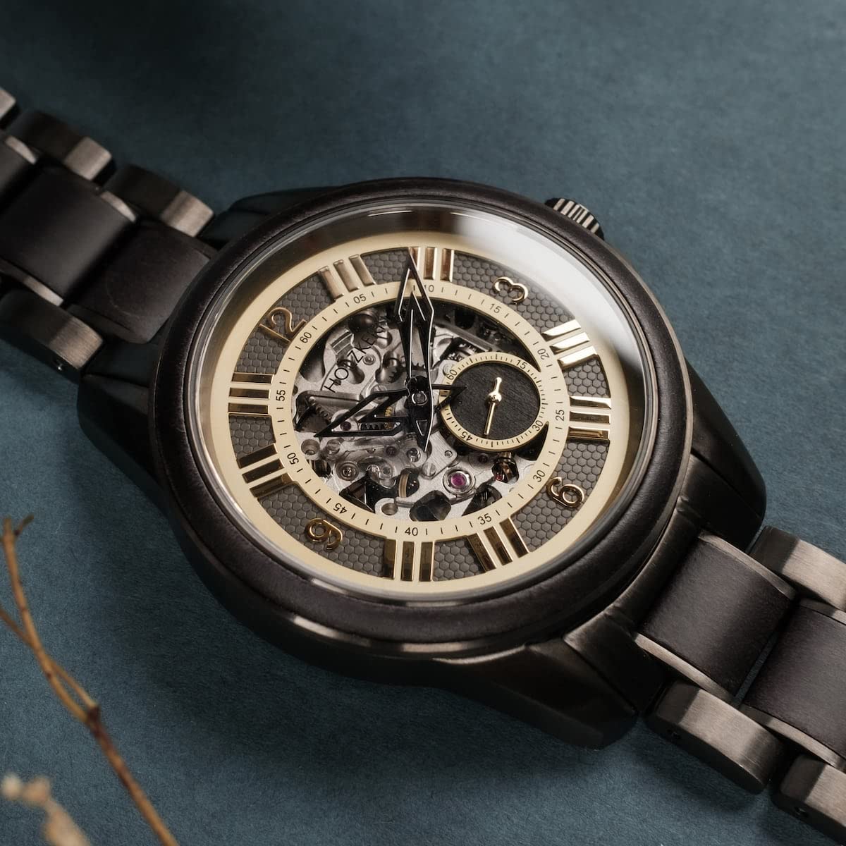 HOLZKERN Navona Men’s Watch, 43mm Gold/Gray Skeleton Dial, Brushed Stainless Steel Strap, Vintage Watch for Men