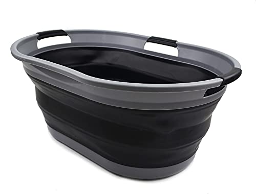 SAMMART 44L Collapsible Plastic Laundry Basket - Foldable Pop Up Storage Container / Organizer - Portable Washing Tub - Space Saving Hamper / Basket - Water Capacity: 35L (1, Dark Grey/Black), Size: 25.4 x 17.8 x 10.6 inches