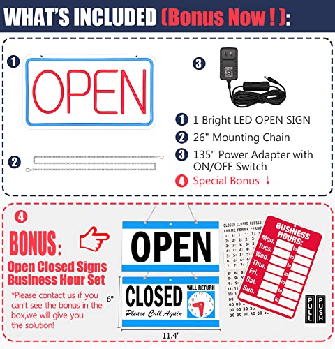 Open Signs for Business,Neon Open Sign Led,16.5"x 9",with Open/Closed Bussiness Hour Sign Set,Light for Bar Coffee Salon Store Window,12V/2A Adapter with ON/OFF Switch (Blue/Red Horizontal)