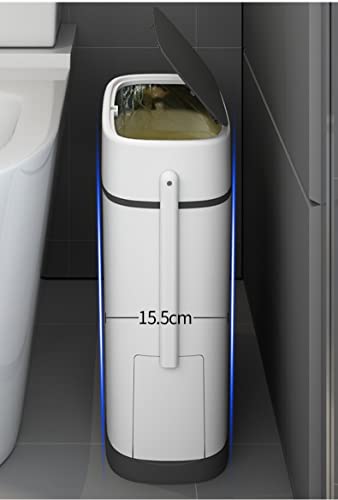 KLGO 14 Liter Slim Plastic Trash Can with Lid,3.7 Gallon Double Barrel Waste Basket,Rectangular Press Garbage Container Bin for Bathroom,Bedroom,Kitchen and Office,White