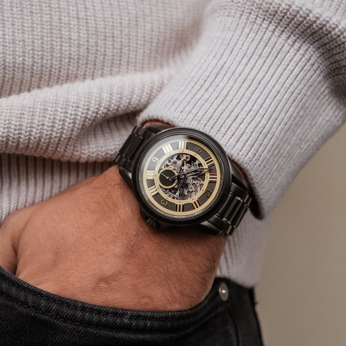 HOLZKERN Navona Men’s Watch, 43mm Gold/Gray Skeleton Dial, Brushed Stainless Steel Strap, Vintage Watch for Men