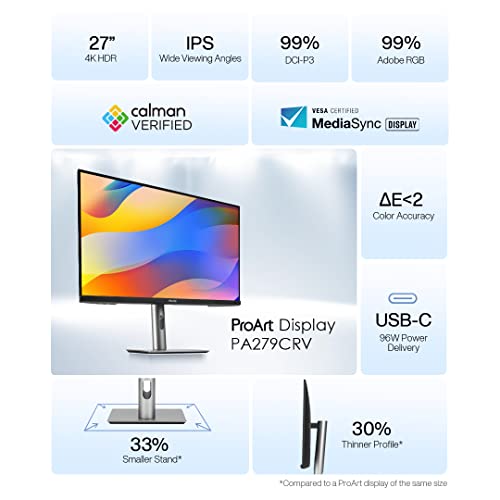 ASUS ProArt Display 27” 4K HDR Professional Monitor (PA279CRV) - IPS, UHD (3840 x 2160), 99% DCI-P3/Adobe RGB, ΔE < 2, Calman Verified, USB-C PD 96W, DisplayPort, Daisy-Chain, Height Adjustable