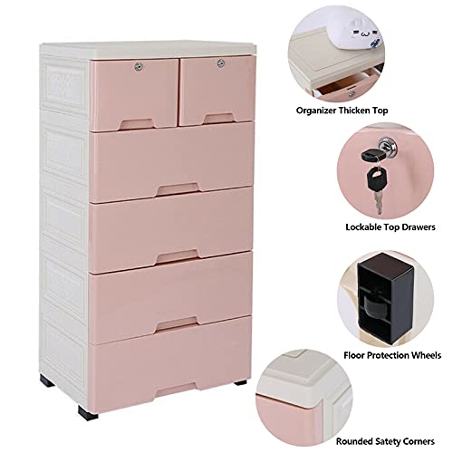 Gdrasuya10 6 Drawer Storage Organizer, Waterproof Furniture Storage Tower Unit with 4 Wheels for Closets, Bedrooms, Playrooms (Pink)
