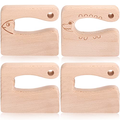 Honoson 4 Pieces Wooden Kids Knife 2 Patterns Safe Cutting Knife Wooden Cooking Chopper Kitchen Tools for Toddlers Cutting Fruit and Vegetable, for 2-8 Years Old