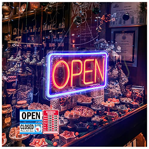 Open Signs for Business,Neon Open Sign Led,16.5"x 9",with Open/Closed Bussiness Hour Sign Set,Light for Bar Coffee Salon Store Window,12V/2A Adapter with ON/OFF Switch (Blue/Red Horizontal)