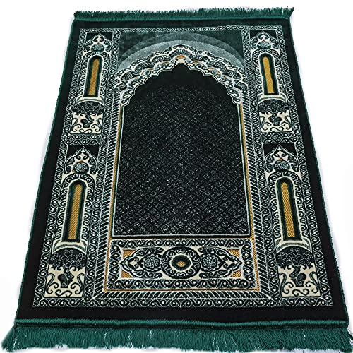 Modefa Islamic Prayer Rug - Double Plush Large & Wide Velvet Carpet - Traditional Muslim Janamaz Sajada - Thick Turkish Prayer Mat for Men & Women- Ramadan or Eid Gift - Floral Mihrab (Green)
