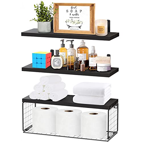 Szkiuqe 2-in-1 Floating Shelves, Bathroom Shelves with Storage Basket, Wall Mounted Rustic Wood Shelves, Farmhouse Wall Decor for Bedroom, Kitchen, Living Room and Plants - Black