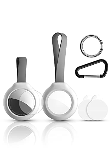 Case for AirTag Keychain, 2 Pack of Silicone Air Tag Cases with Holder, Keyring and Films, AirTag Loop Accessories Kit for Anti-Scratch and Protect Screen, Compatible with AirTag Finder 2021-White