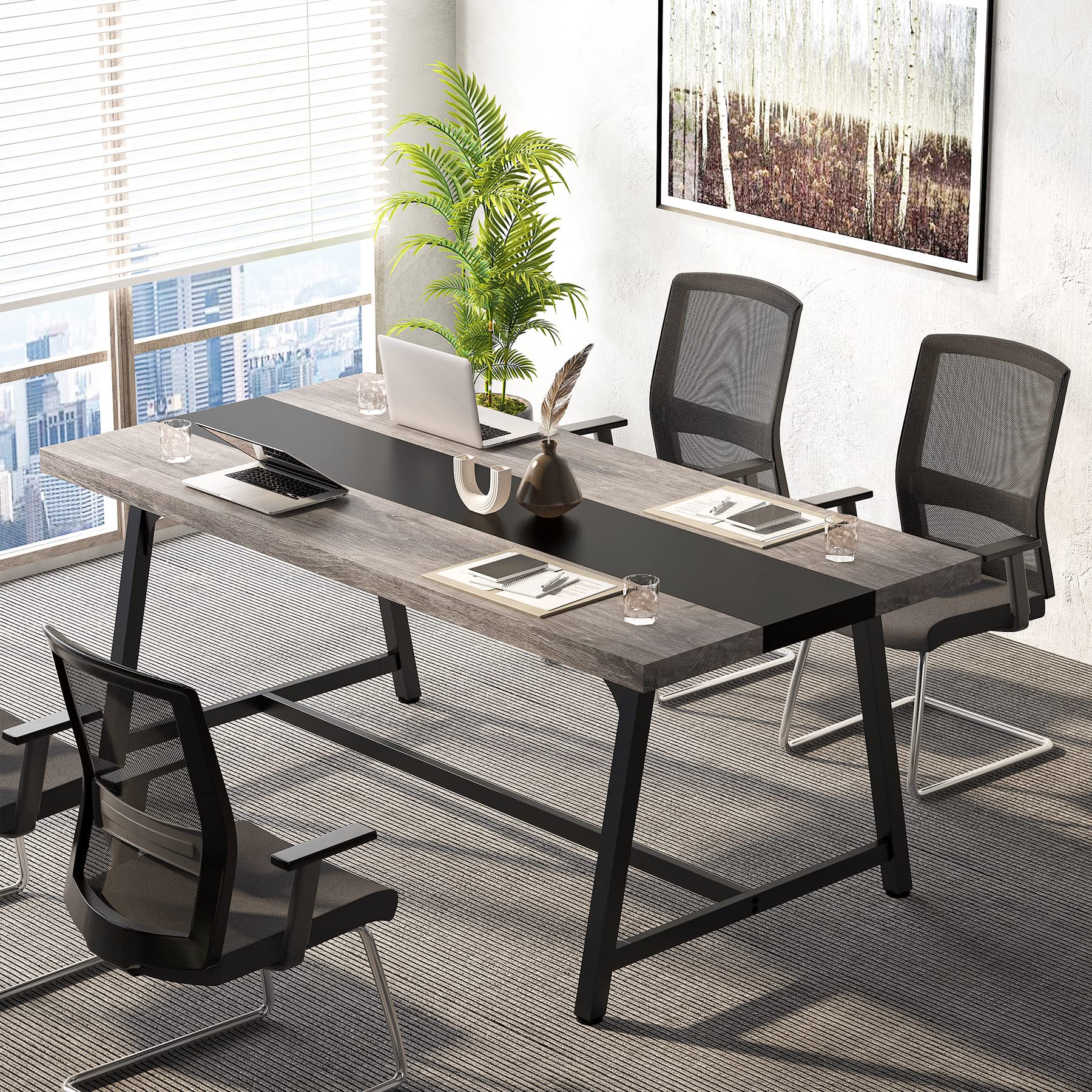 Tribesigns 6FT Rectangle Conference Table, 70.87L x 33.46W x 29.92H Inches Meeting Table for Conference Room, Vintage Wood Office Executive Desk with Strong Metal Frame for 6 People (Grey)