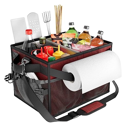 FANGSUN Grill Caddy, BBQ Caddy with Paper Towel Holder, Picnic Griddle Caddy for Outdoor Camping, Barbecue Accessories Storage Organizer for Utensil Grilling Tool, Must Haves for Camper Tailgating Rv