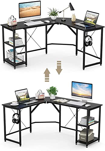 fukifuki L-Shaped Gaming Desk, 59.1" Corner Computer Office Desk, Writing Workstation,with Adjustable Shelves, Space-Saving, Easy to Assemble (Black)