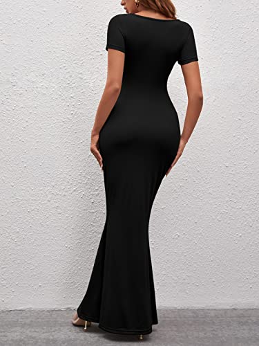 Verdusa Women's Square Neck Short Sleeve Fishtail Bodycon Maxi Dress Black S