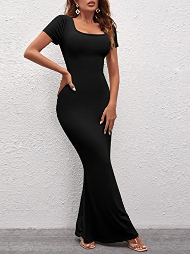 Verdusa Women's Square Neck Short Sleeve Fishtail Bodycon Maxi Dress Black S