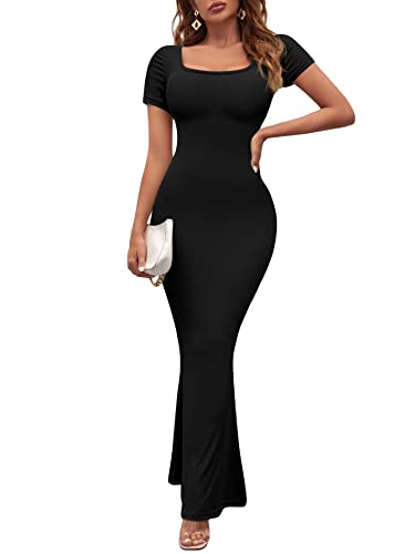 Verdusa Women's Square Neck Short Sleeve Fishtail Bodycon Maxi Dress Black S