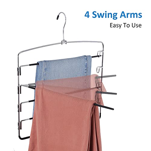 Pants Hangers 4 Pieces, Swing Arm Trousers Hanger, Space Saving Pants Rack, 5 Layers Jeans Hangers with Non-Slip, Multiple Pants Hanger Closet Organizer for Trousers Scarves Ties