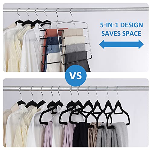 Pants Hangers 4 Pieces, Swing Arm Trousers Hanger, Space Saving Pants Rack, 5 Layers Jeans Hangers with Non-Slip, Multiple Pants Hanger Closet Organizer for Trousers Scarves Ties