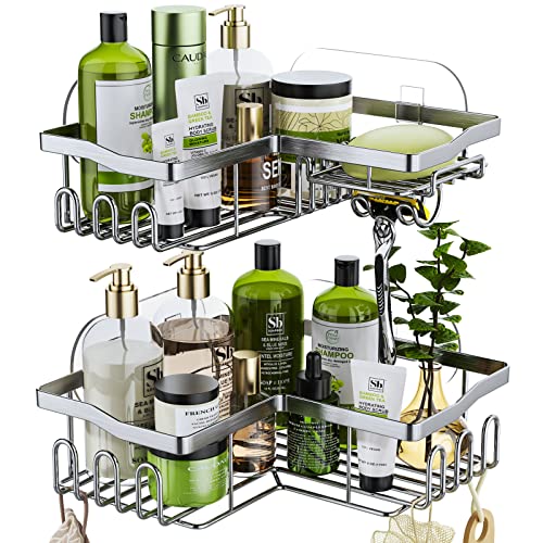 HapiRm Corner Shower Caddy with Shampoo Holder, Shower Organizer Shower Storage Shelf with 11 Hooks, No Drilling Rust Proof Stainless Steel Shower Basket Shelves-Silver (Only for 90 ° Right Angle)