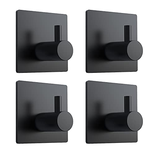 VIS'V Adhesive Hooks, Black Self Adhesive Towel Hooks Waterproof Shower Wall Stick on Hooks Heavy Duty Stainless Steel Bathroom Kitchen Sticky Hooks for Towel Robe Loofah Key Coat Bag - 4 Pcs