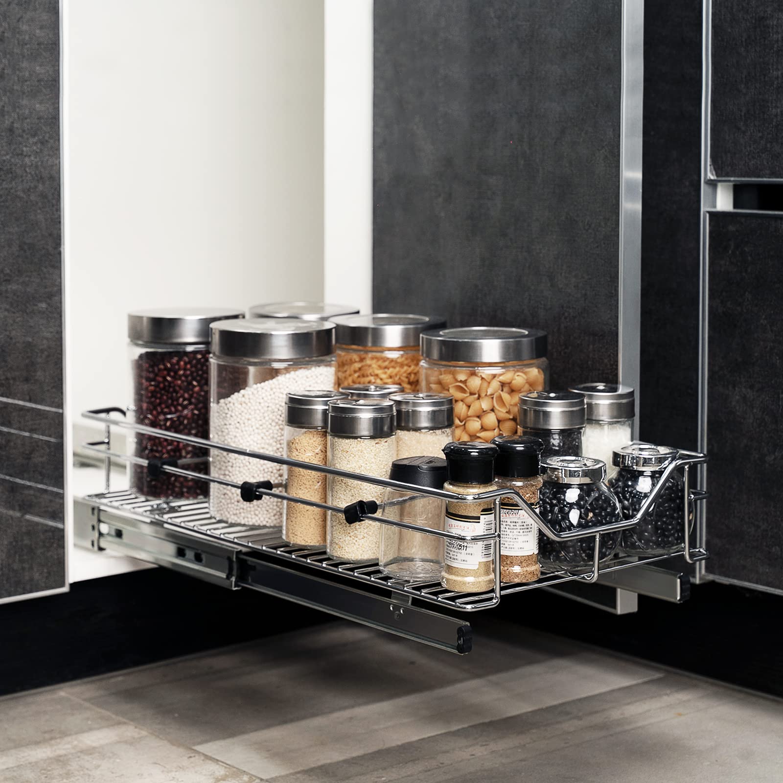 BBLHOME Pull Out Cabinet Drawer Organizer,Heavy Duty Slide Out Pantry Shelves Sliding Drawer Storage for Bathroom, Kitchen, Home, 11" W x 21" D,Chrome Finish