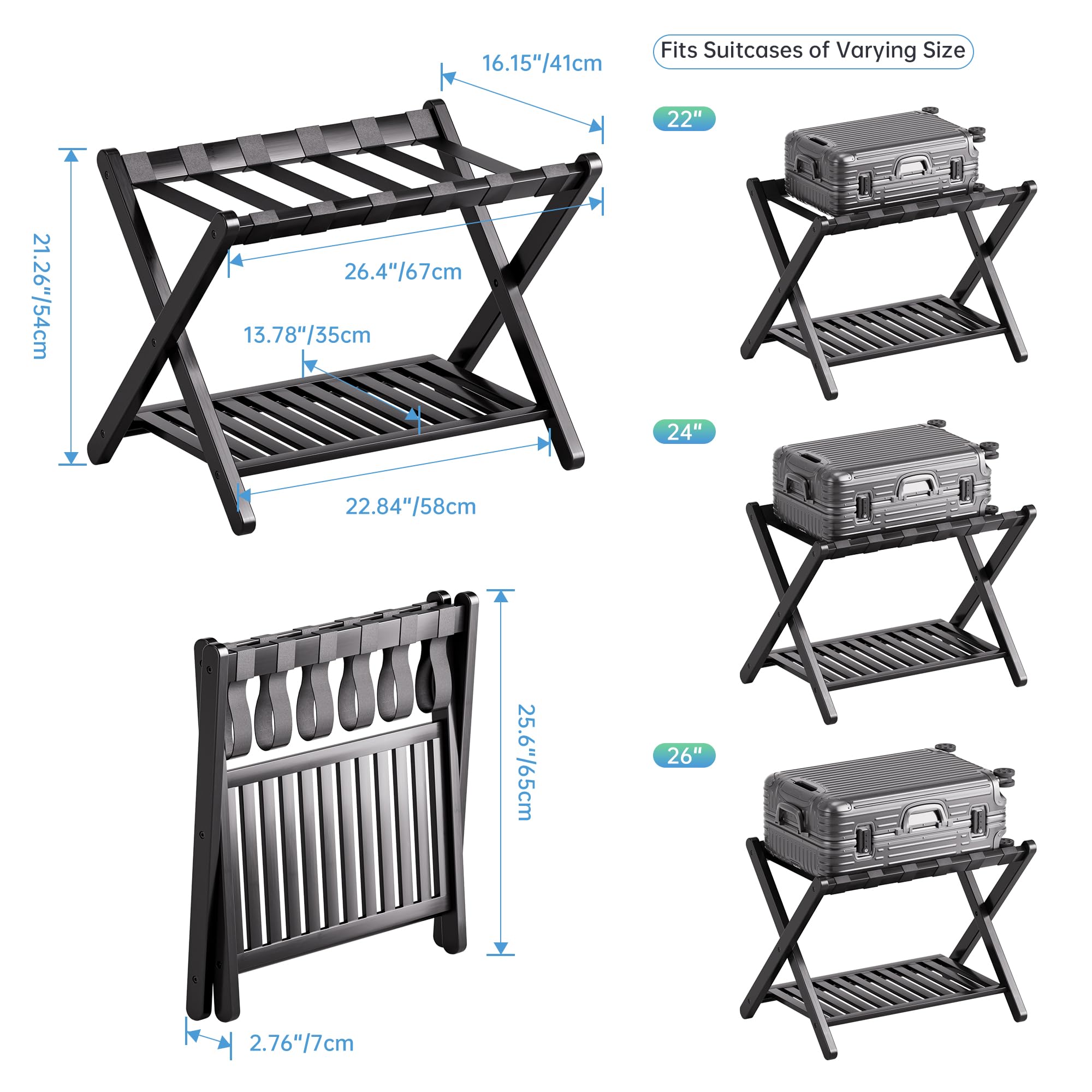 SMIBUY Luggage Rack, Foldable Bamboo Suitcase Stand with Storage Shelf for Guest Room, Bedroom, Hotel, Heavy-Duty, 1 Pack (Black)