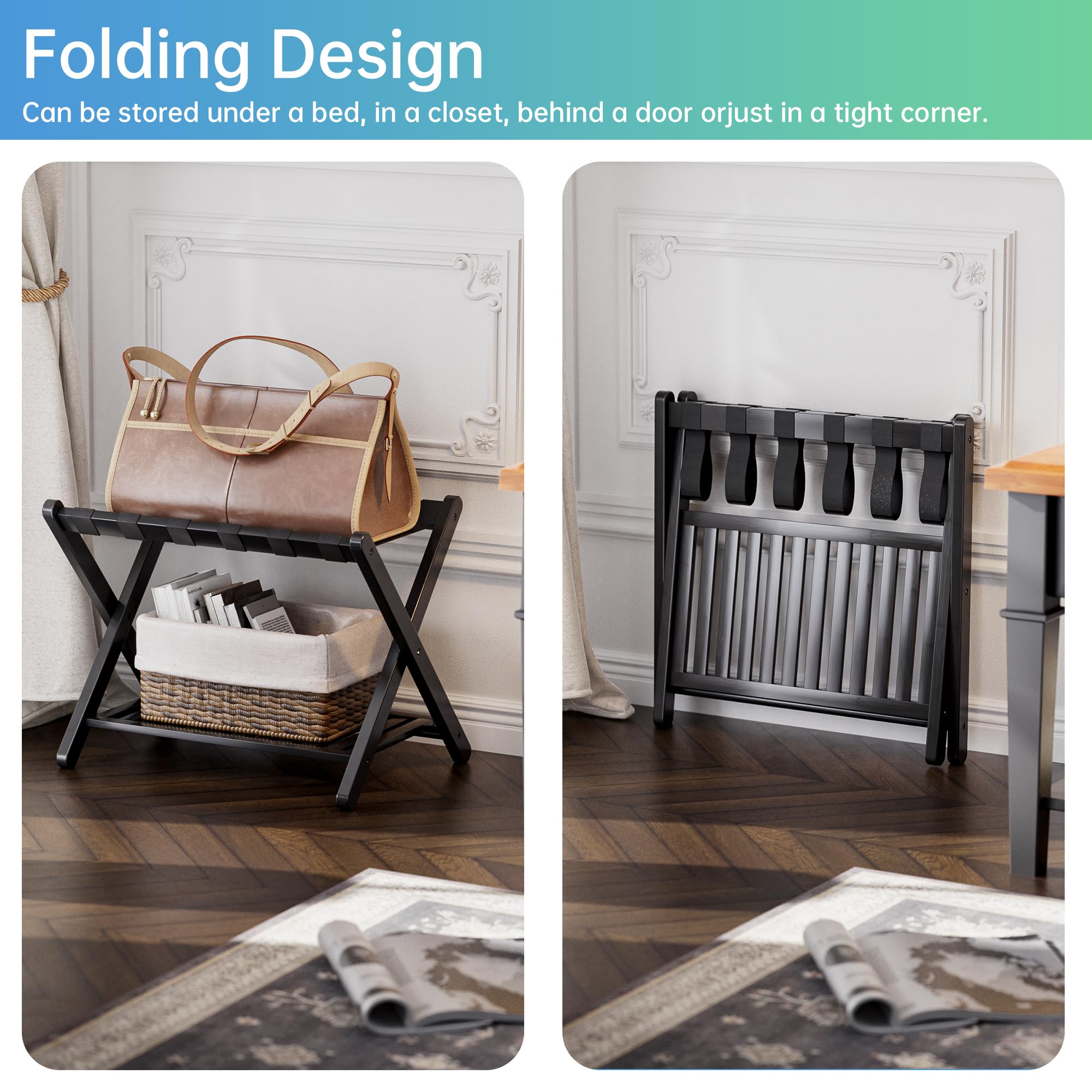 SMIBUY Luggage Rack, Foldable Bamboo Suitcase Stand with Storage Shelf for Guest Room, Bedroom, Hotel, Heavy-Duty, 1 Pack (Black)