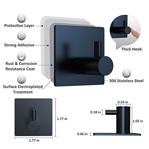 VIS'V Adhesive Hooks, Black Self Adhesive Towel Hooks Waterproof Shower Wall Stick on Hooks Heavy Duty Stainless Steel Bathroom Kitchen Sticky Hooks for Towel Robe Loofah Key Coat Bag - 4 Pcs