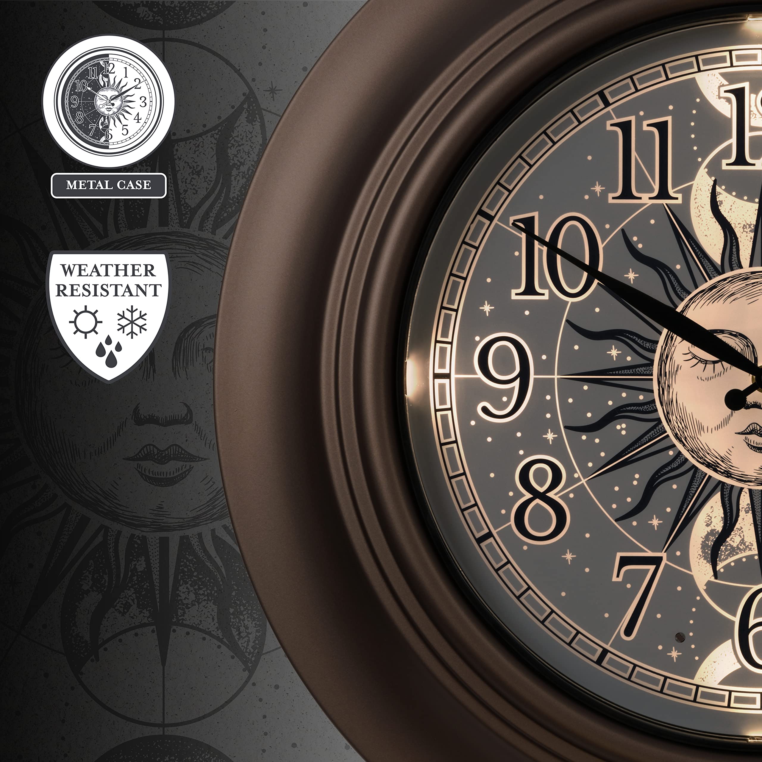 La Crosse Clock 435-3256B-SM-INT 21" Indoor/Outdoor Quartz Clock with Lighted Sun & Moon Dial