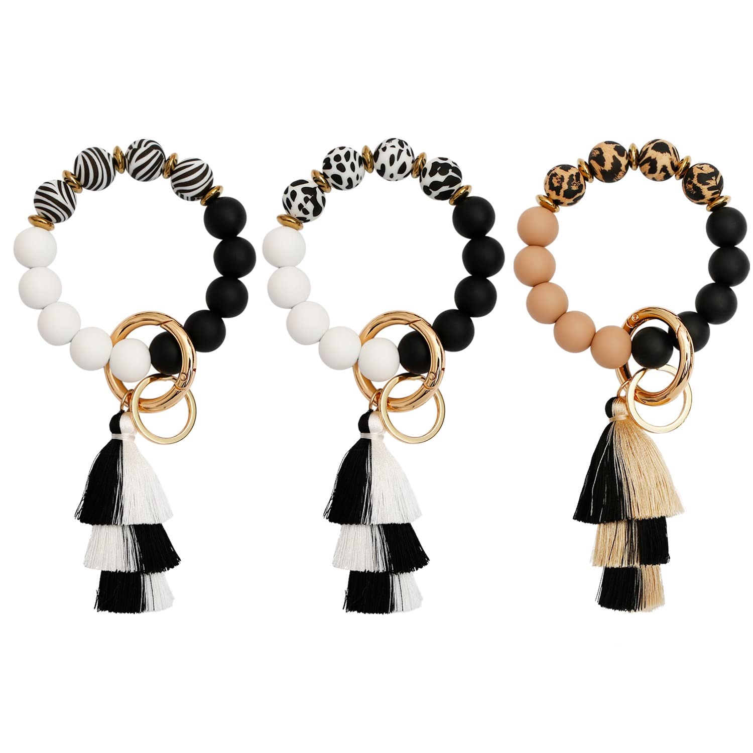 Poagoep Silicone Key Ring Bracelet Beaded keychain Wristlet Beaded Bangle Wristlet Keychain House Car Keys for Women(3cow)
